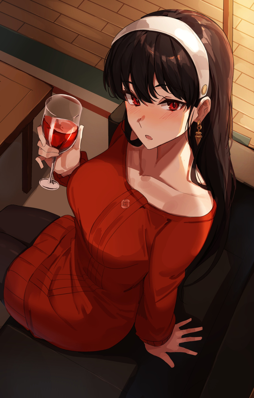 Safebooru - 1girl :o absurdres alcohol arm support black hair black pantyhose blush collarbone ...
