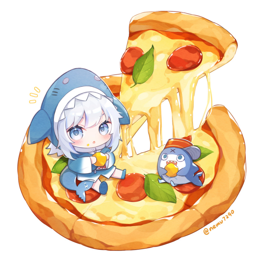 Safebooru - 1girl animal hood bloop (gawr gura) blue eyes blush cheese ...