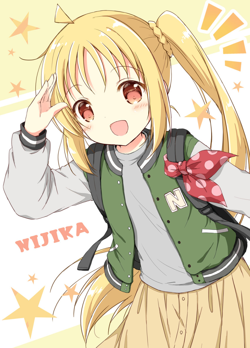 Safebooru - 1girl :d ahoge arm up backpack bag blonde hair blush bocchi the rock! braid brown ...