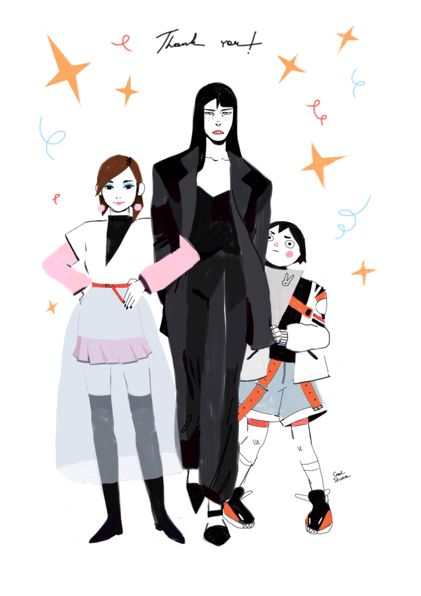 Safebooru - 3girls :| absurdres animal print arms at sides artist name asakusa midori ...