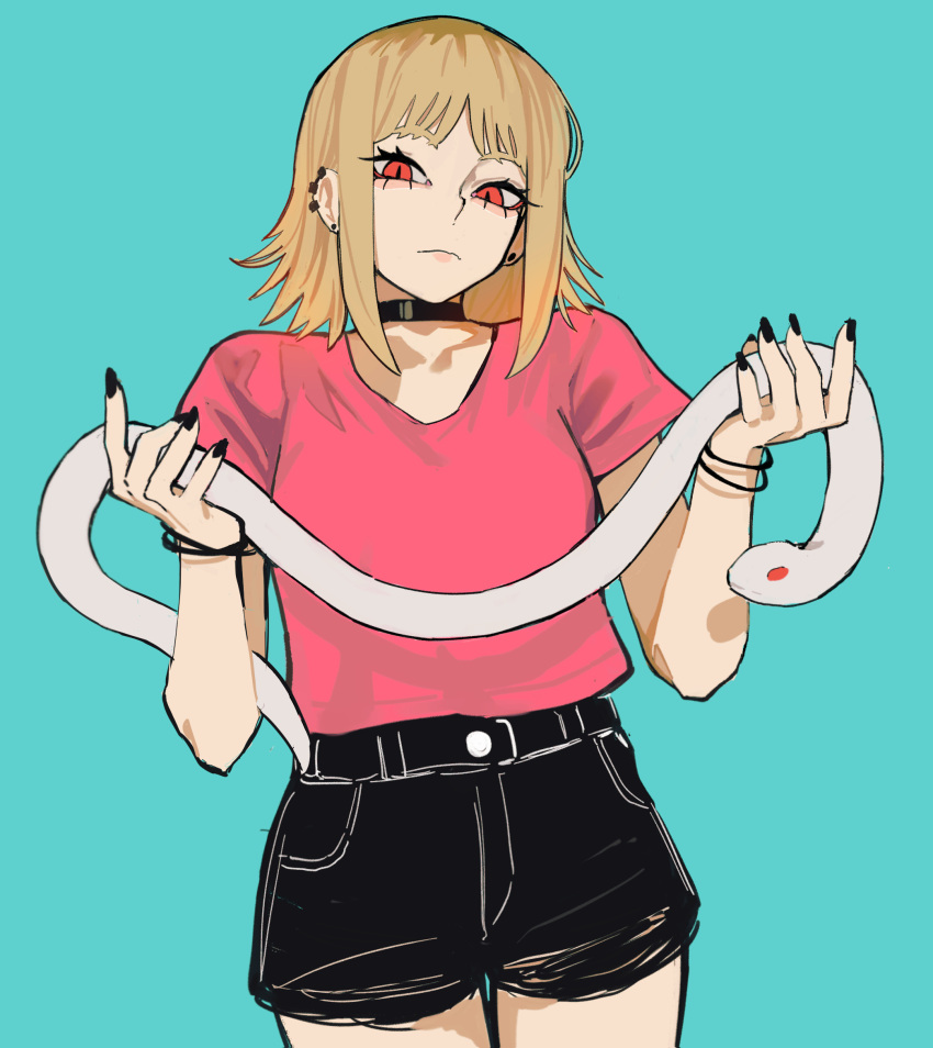Safebooru - 1girl animal black choker black nails black shorts blonde hair blue background ...