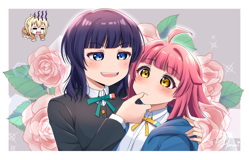 Safebooru - 3girls :d absurdres ahoge all fours artist name asaka karin black jacket blazer ...