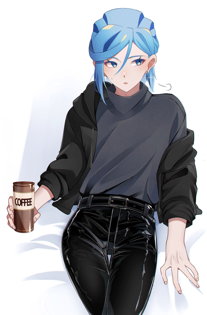 Safebooru - 1boy alternate costume belt black belt black jacket black pants blue hair coffee ...
