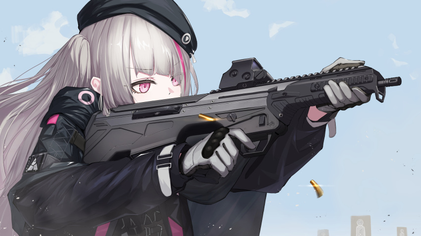 Safebooru - asymmetrical bangs beret black coat black jacket blue sky blunt bangs c-clamp clouds ...