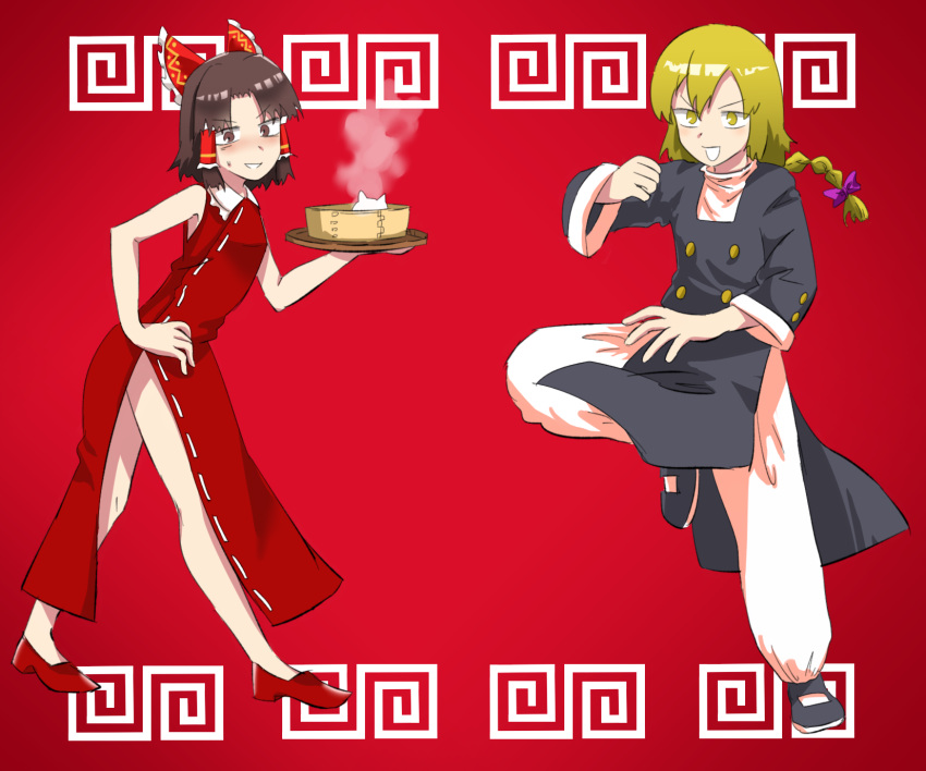 Safebooru - 1boy 1girl adapted costume bamboo steamer baozi benikurage (cookie) black coat black ...