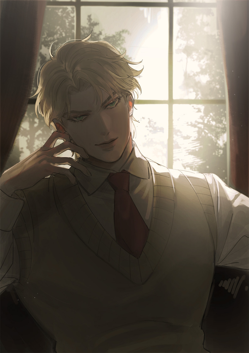 Safebooru - 1boy backlighting blonde hair blue eyes bustersiri dio brando ear birthmark hands on ...