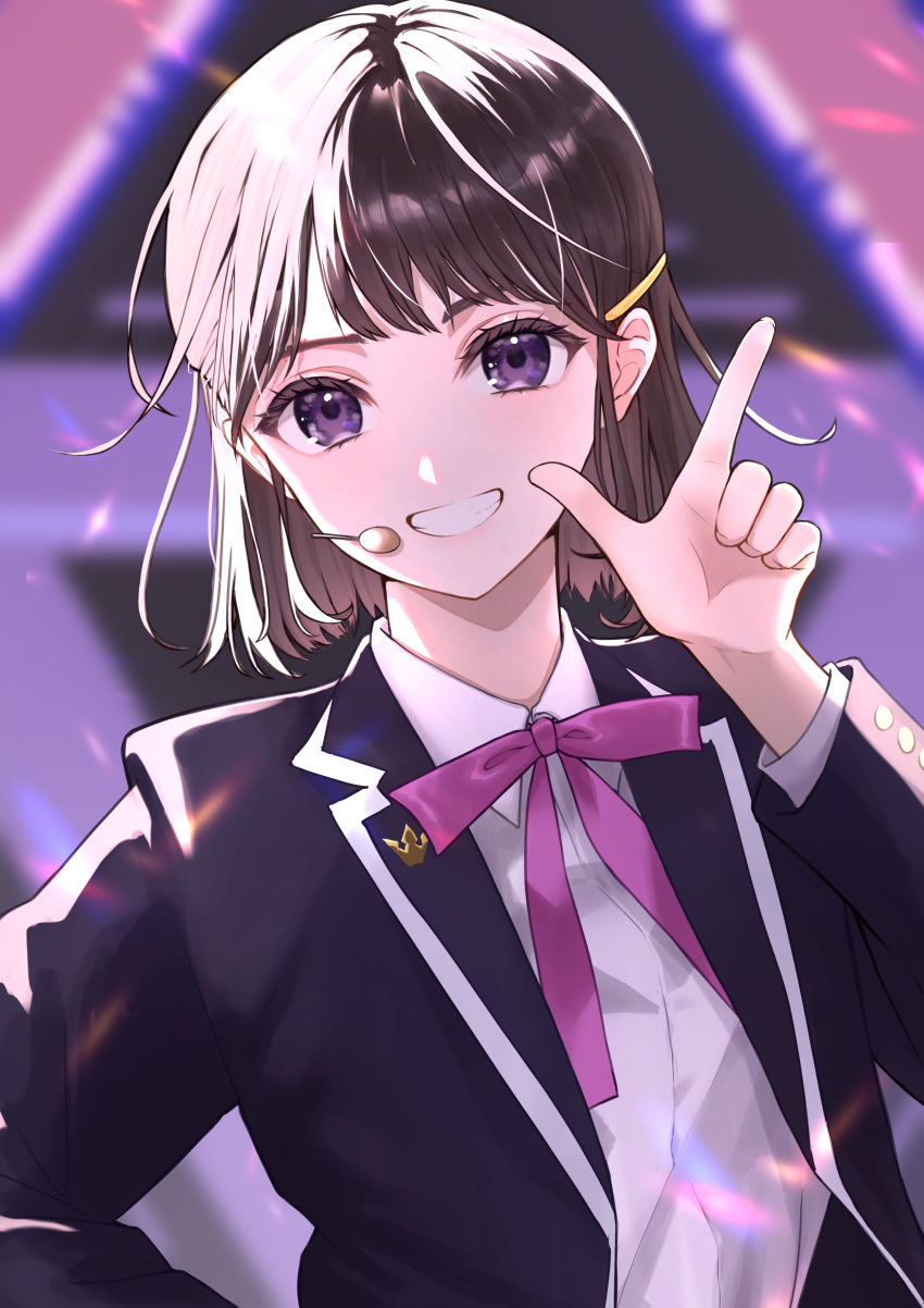 Safebooru - 1girl absurdres black jacket blazer blurry blurry background bow brown hair earpiece ...