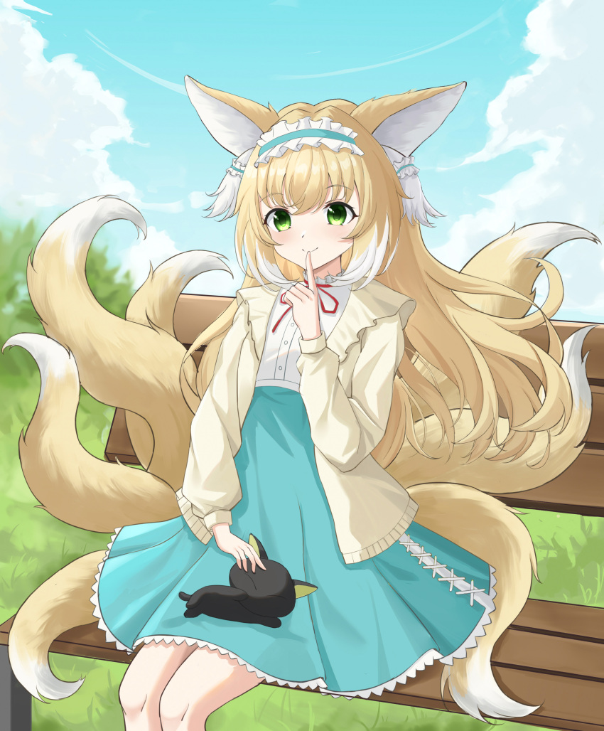 Safebooru - 1girl absurdres animal ears aqua hairband aqua skirt arknights bench blonde hair ...