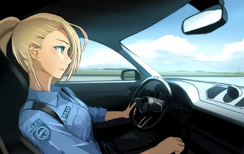 Safebooru - 1girl 959 (8go8) blue eyes breasts clouds collared shirt driving from side hair ...