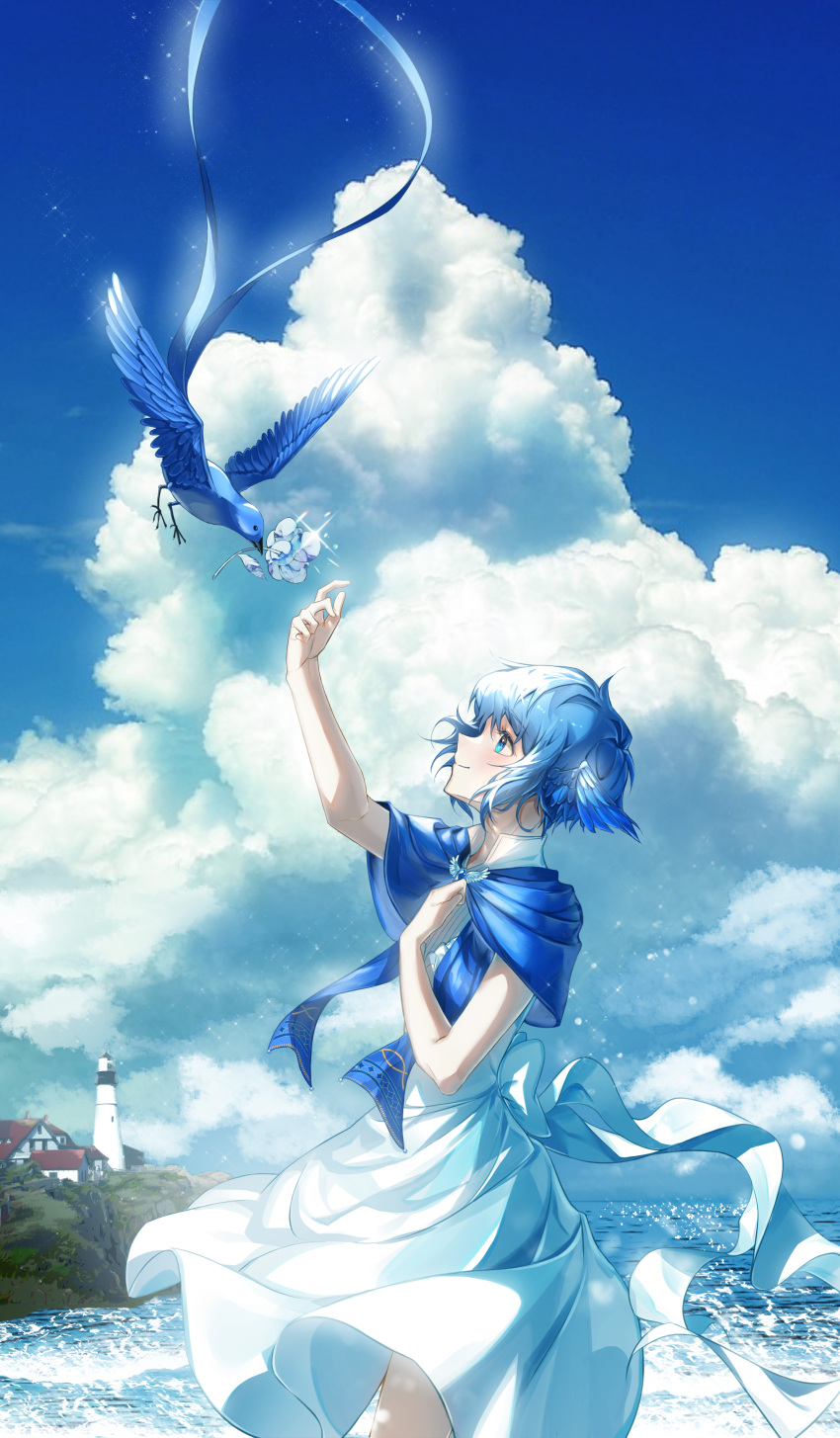 Safebooru - 1girl absurdres alternate costume animal arm up back bow bird bird girl blue bird ...