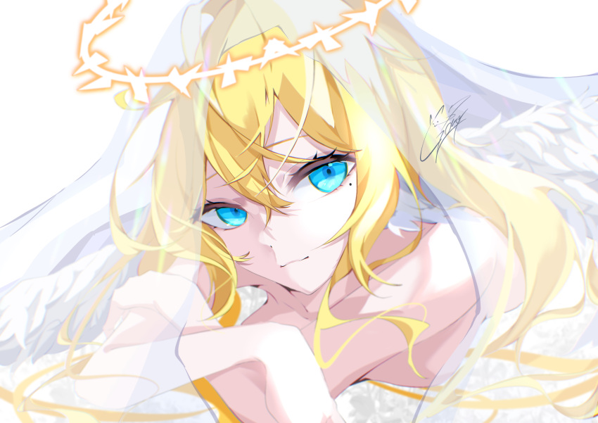 Safebooru - 1girl angel angel wings blonde hair blue eyes goma irasuto hair between eyes halo ...