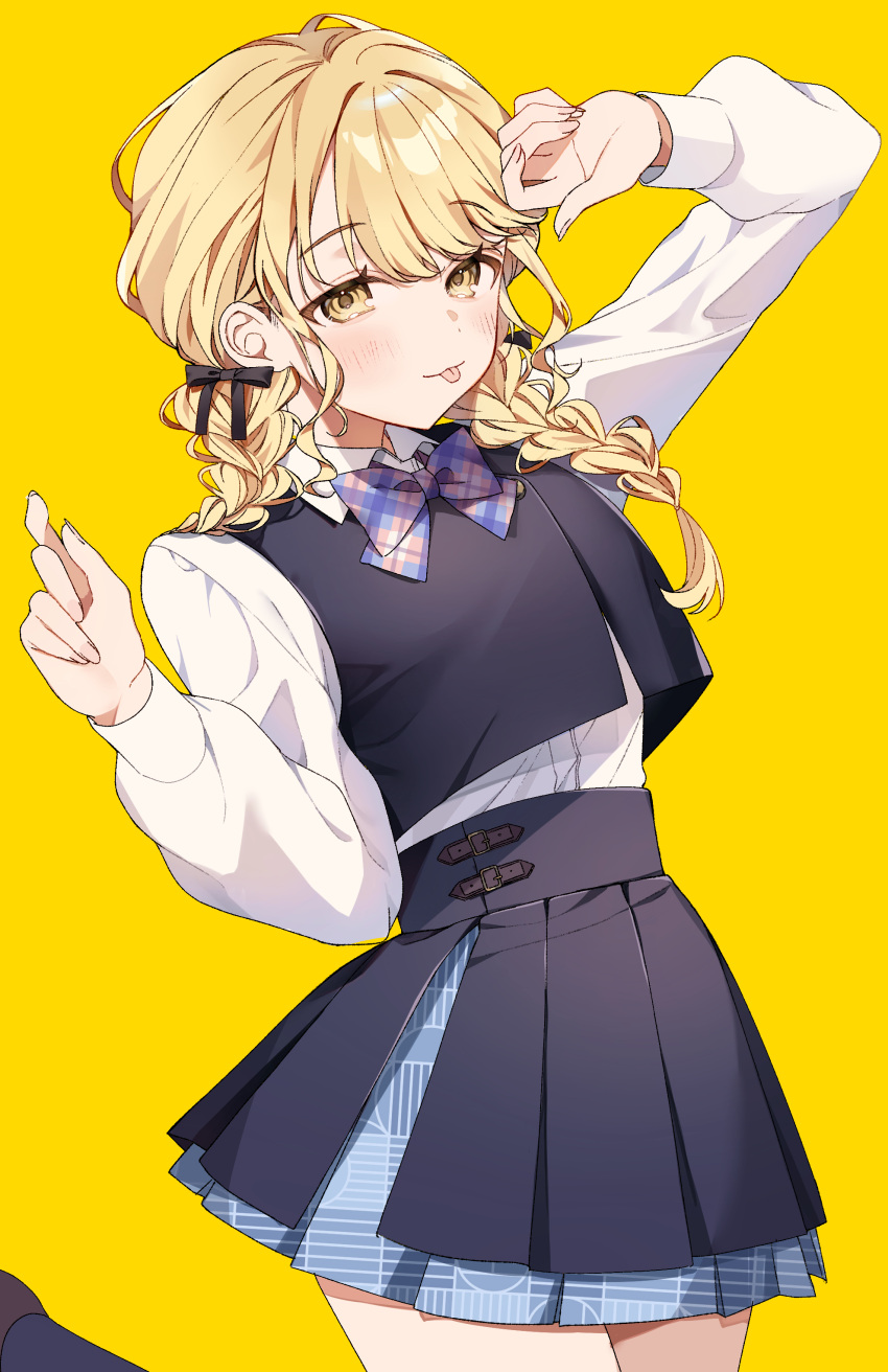 Safebooru - 1girl :p absurdres blonde hair blue skirt blush bow bowtie braid commentary request ...