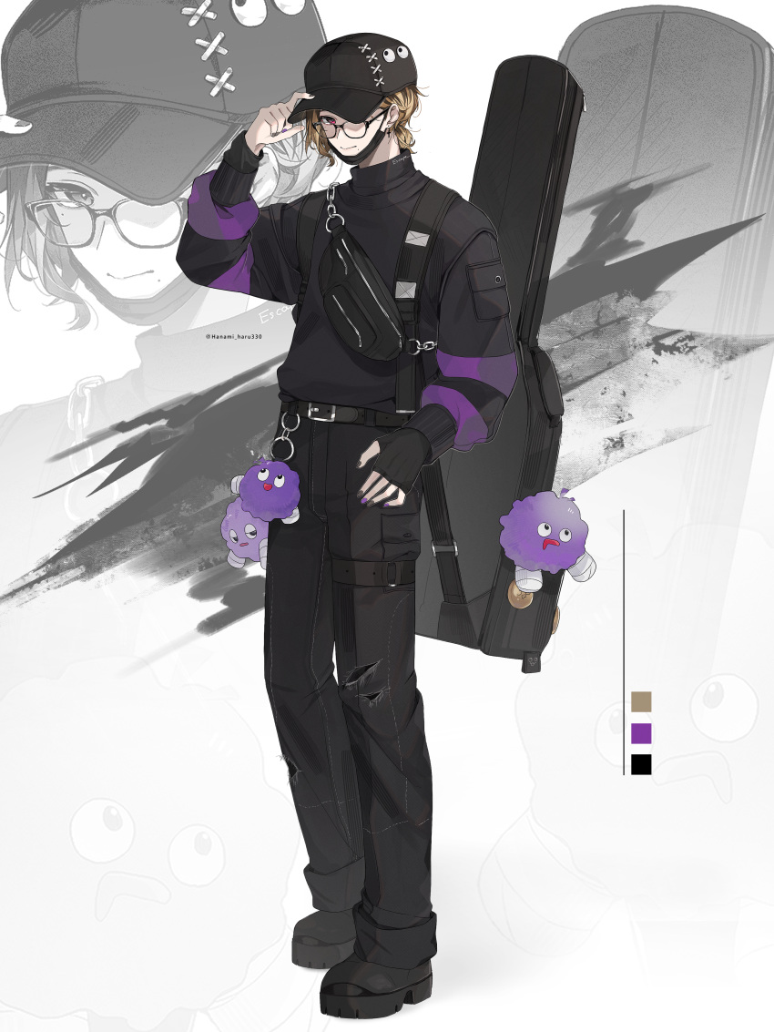 Safebooru - 1boy absurdres arm up baseball cap belt black baseball cap black footwear black hat ...