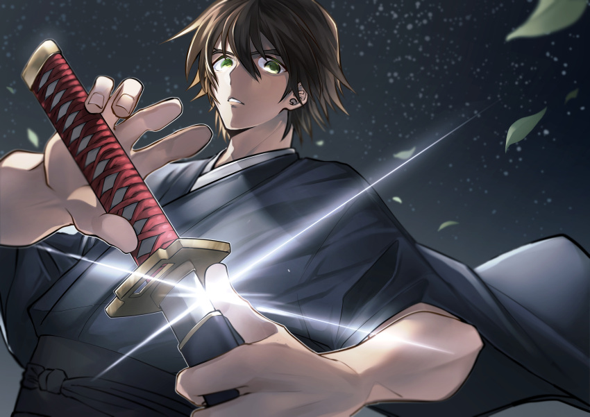 Safebooru - 1boy absurdres brown hair commentary request drawing sword ...