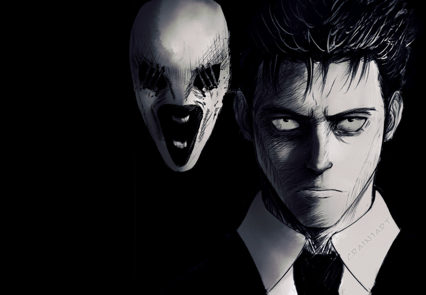 Safebooru - 1boy absurdres artist name black background black eyes black hair black necktie ...