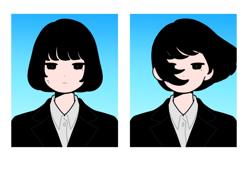 Safebooru - 1girl absurdres black eyes black hair black jacket blue background bob cut border ...