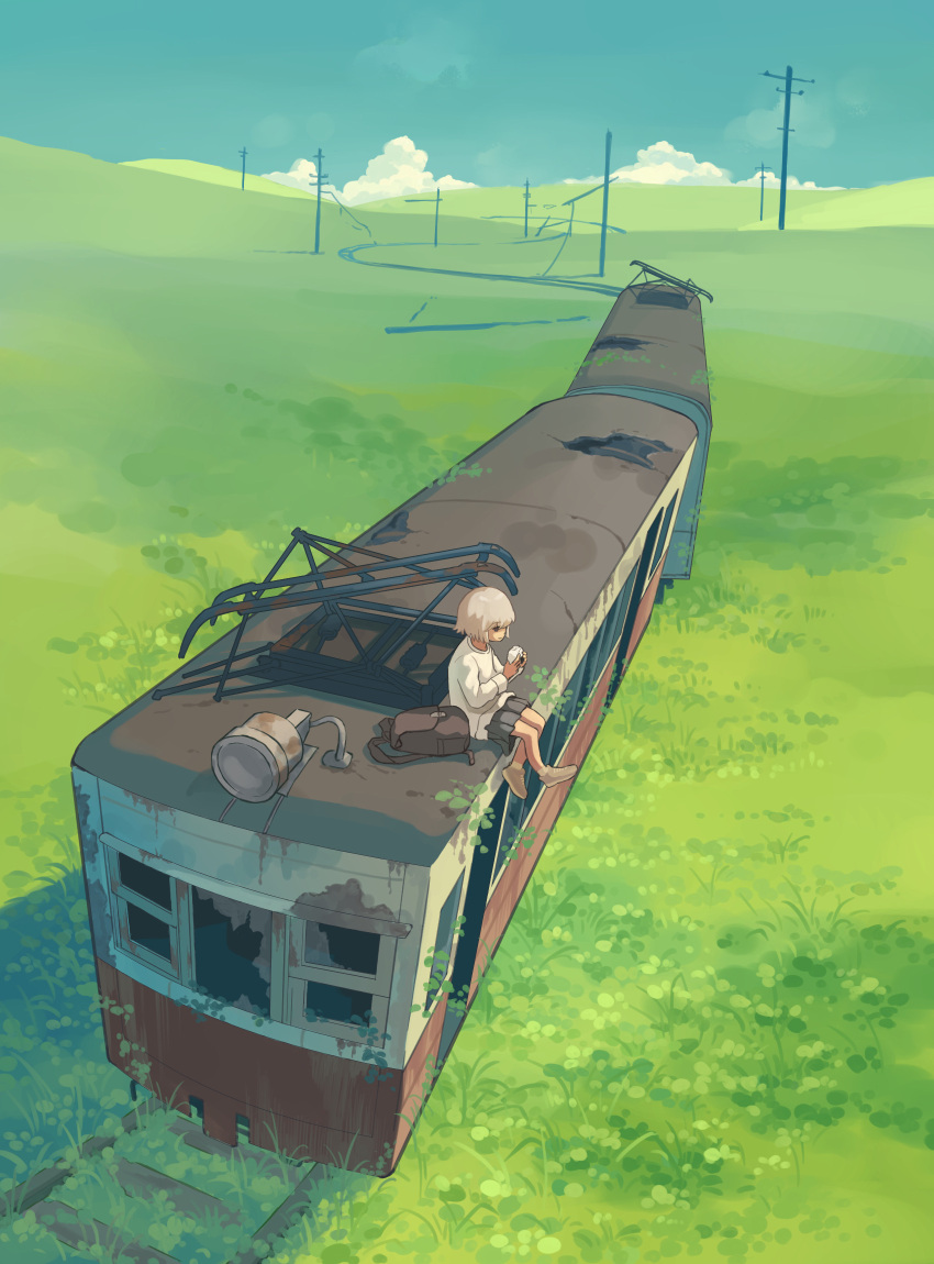 Safebooru - 1girl abandoned backpack bag clouds commentary day eating ...