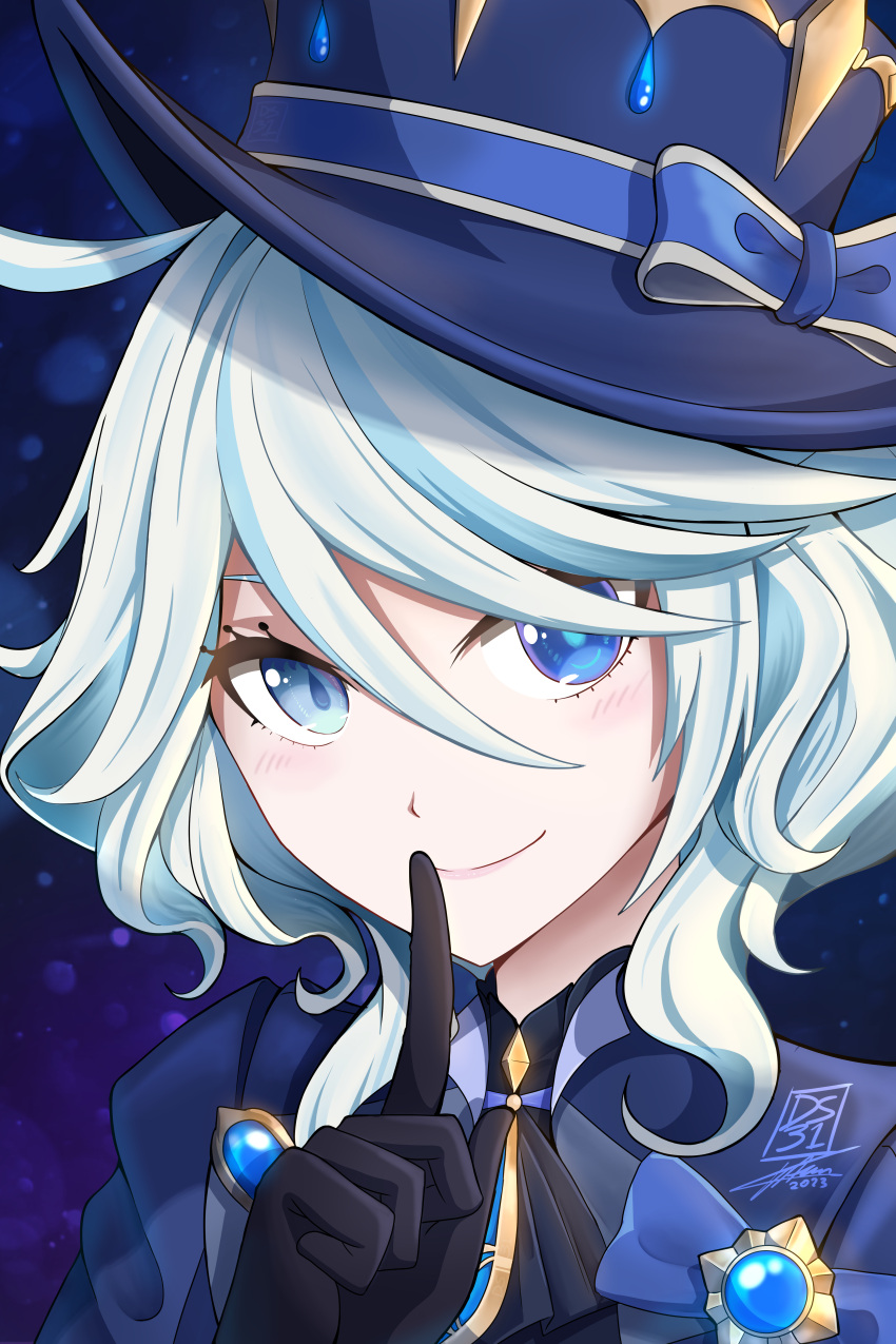 Safebooru - 1girl absurdres amulet black gloves blue eyes blue gemstone blue hair blush bow ...