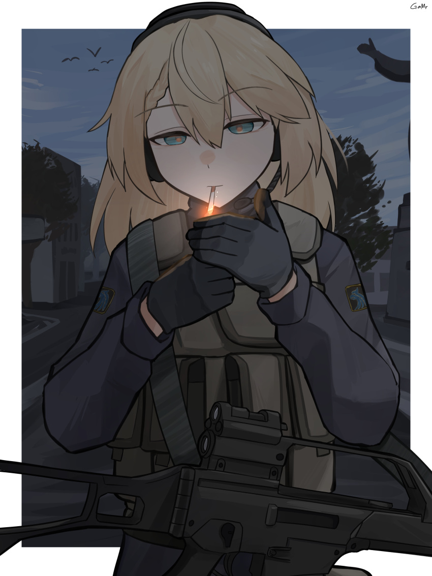 Safebooru - 1girl absurdres assault rifle bird black gloves blonde hair blue eyes braid braided ...