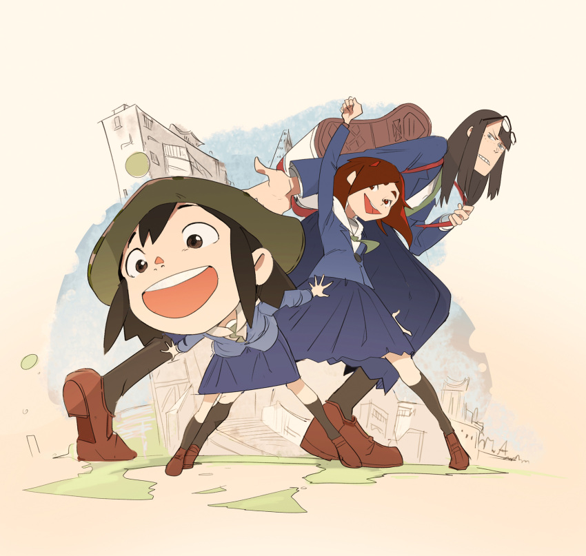 Safebooru - 3girls asakusa midori asymmetrical bangs backpack bag black hair blue skirt bob cut ...