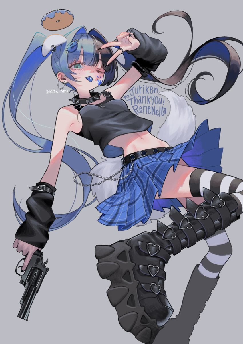 Safebooru - 1girl belt black footwear black shirt chain doughnut female grey background gun ...