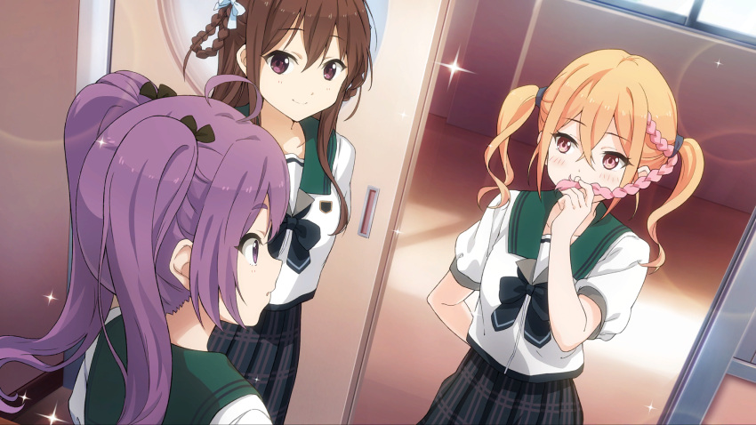 Safebooru - 22/7 22/7 ongaku no jikan 3girls ahoge arm behind back black ribbon black skirt blue ...