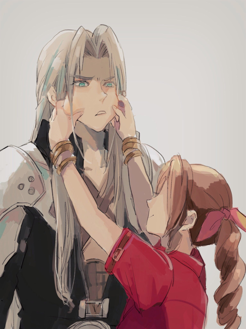 Safebooru - 1boy 1girl aerith gainsborough armor bangle black coat bombyxmori ckr bracelet braid ...