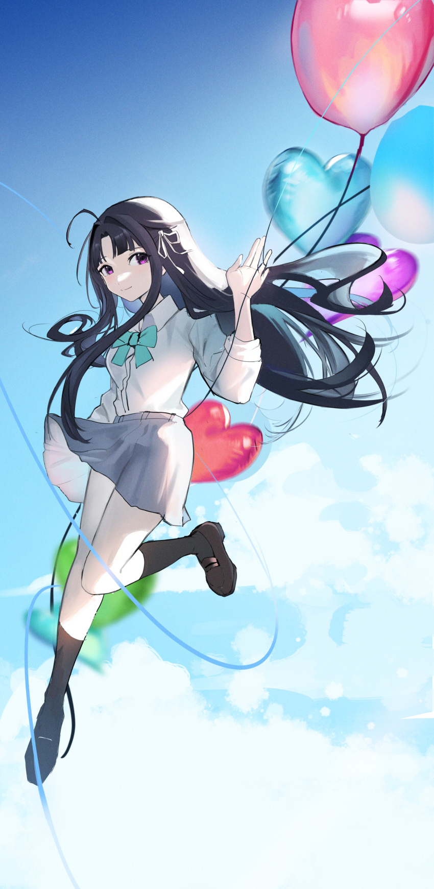 Safebooru - 1girl absurdres ahoge akiyama-mon aqua bow aqua bowtie awa subaru balloon black hair ...