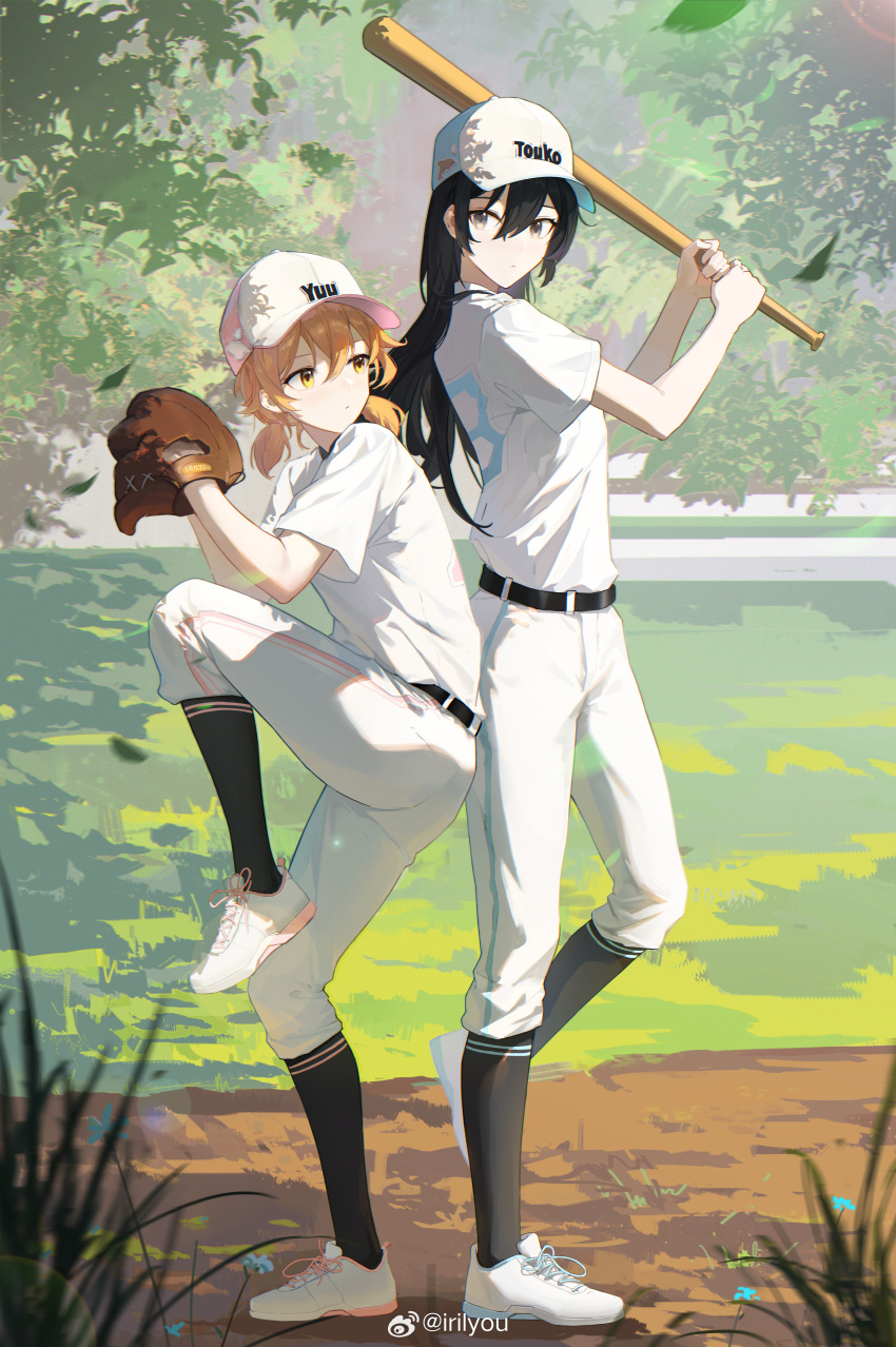 Safebooru - 2girls absurdres baseball bat baseball cap baseball mitt baseball uniform belt black ...