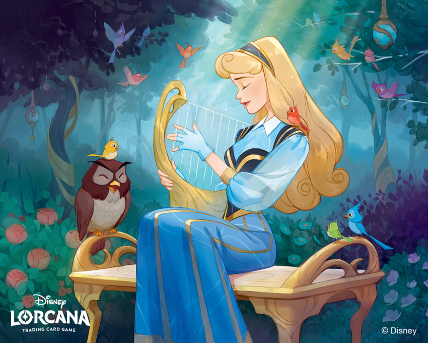 Safebooru - 1girl amandine girard aurora (disney) bench bird blue dress ...