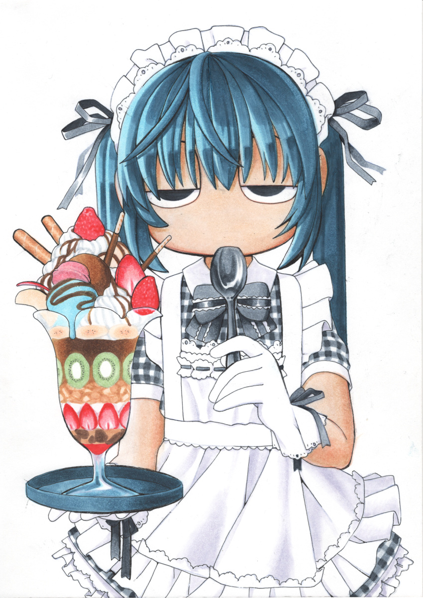 Safebooru - 1girl absurdres apron black dress black eyes blue hair chocolate syrup dress ...