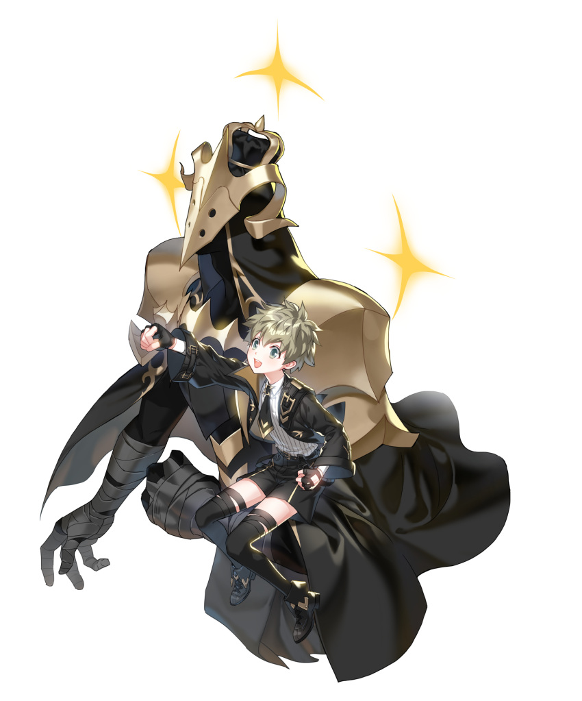 Safebooru - 1boy black footwear black jacket black shorts closers dynamic pose green eyes ...