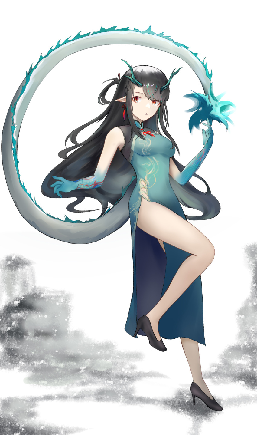 Safebooru - 1girl absurdres arknights black hair china dress chinese clothes colored skin dragon ...