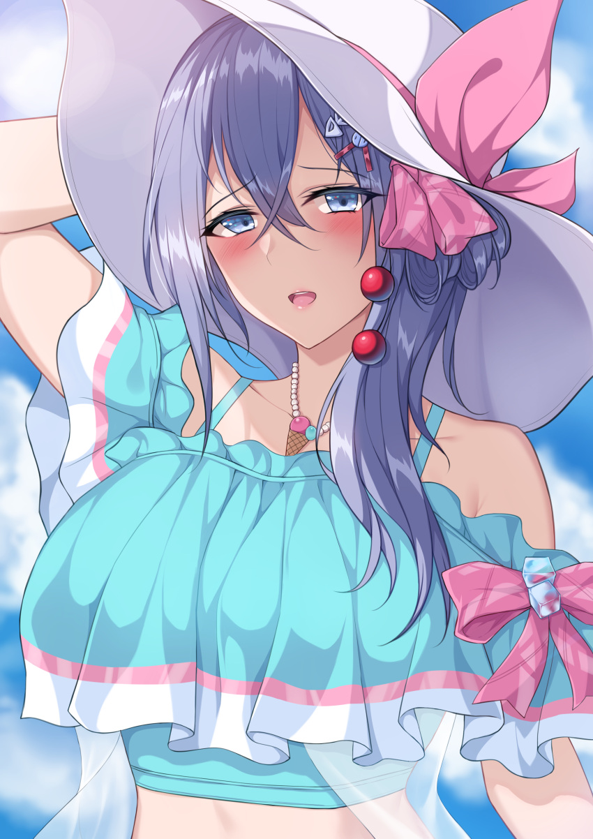 Safebooru - 1girl :o absurdres arm behind head arm up bare shoulders blue eyes blue hair blue ...