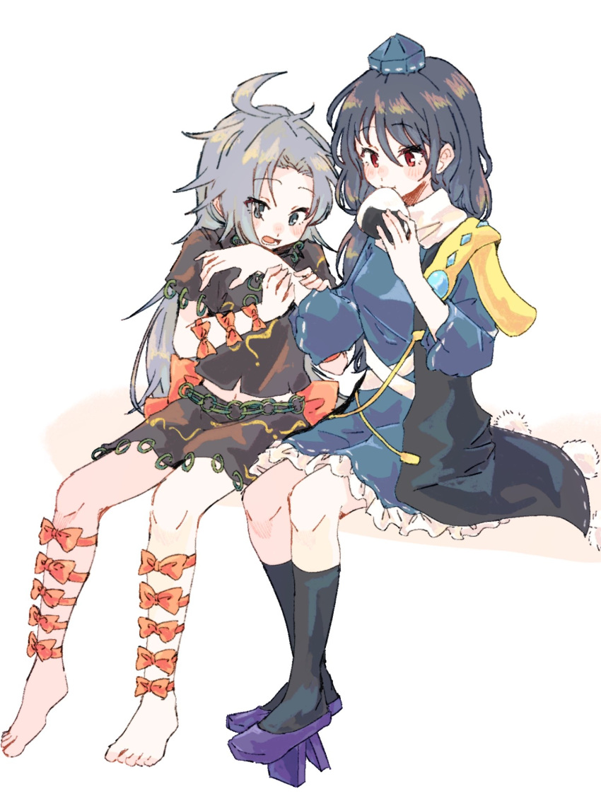 Safebooru - 2girls armor barefoot black coat blue dress blue eyes blue ...