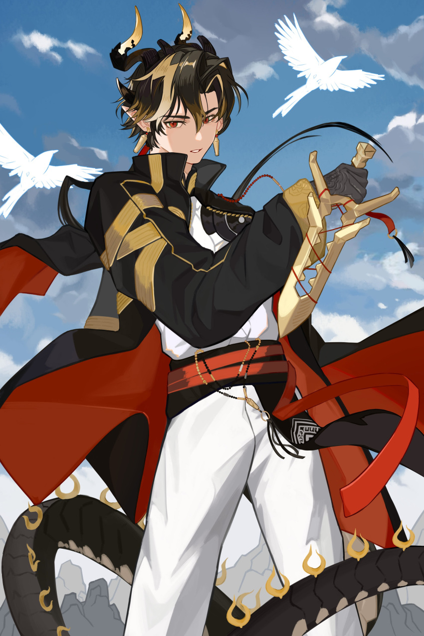 Safebooru - 1boy absurdres arknights bird black coat black hair blonde hair blue background blue ...