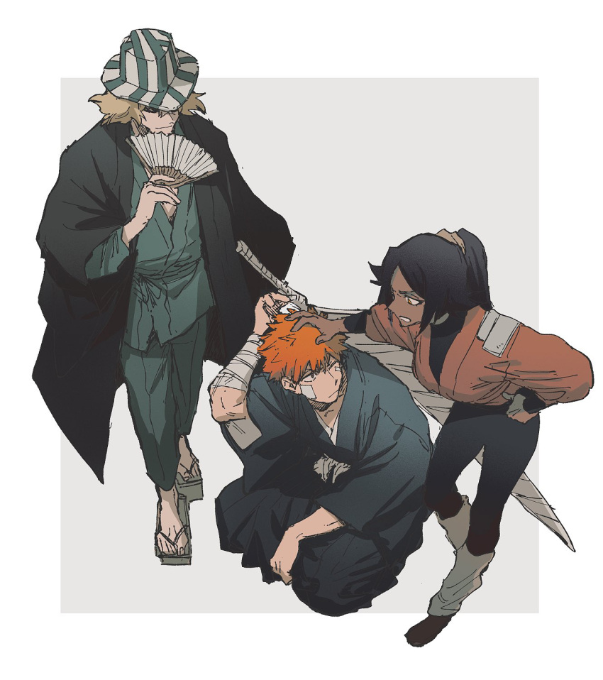 Safebooru - 1girl 2boys abaraya arm up bandage on face bandaged arm ...