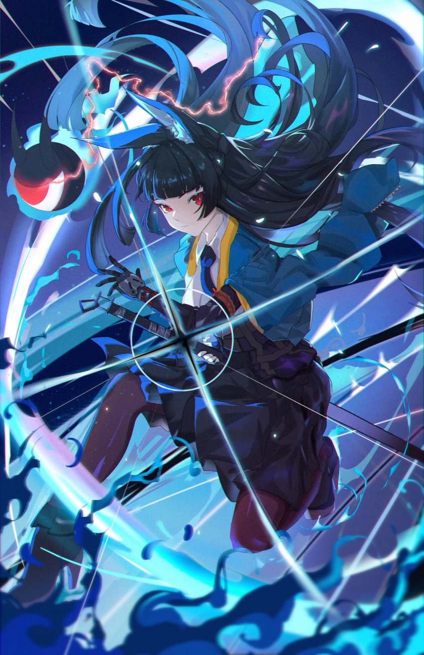 Safebooru - 1girl absurdres animal ears aqua jacket black hair black necktie black shirt blunt ...