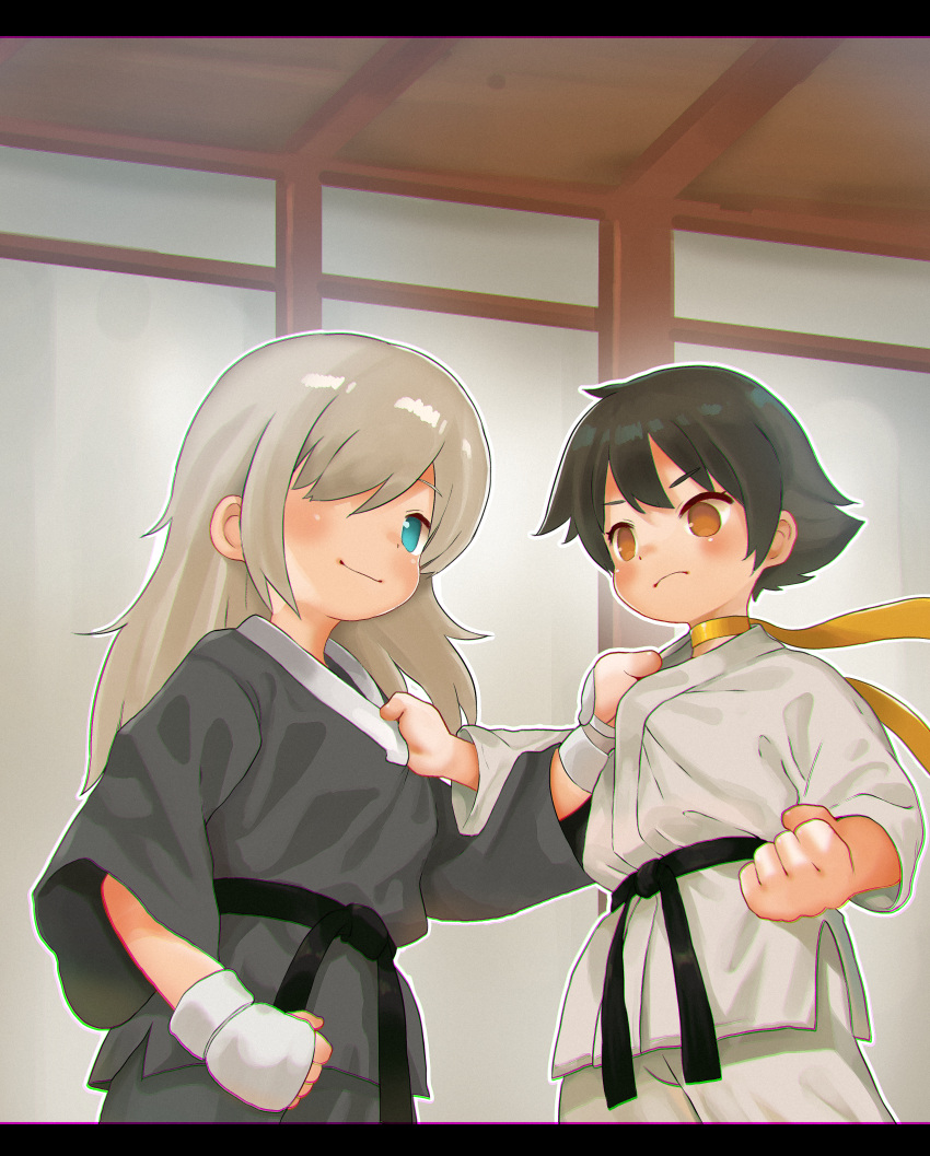 Safebooru - 2girls absurdres belt black belt black hair blonde hair blue eyes brown eyes chinese ...