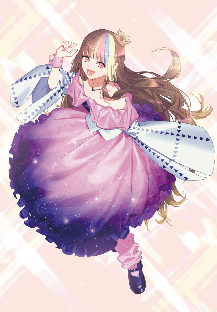 Safebooru - 1girl :d bare shoulders blonde hair blue hair brown hair ...