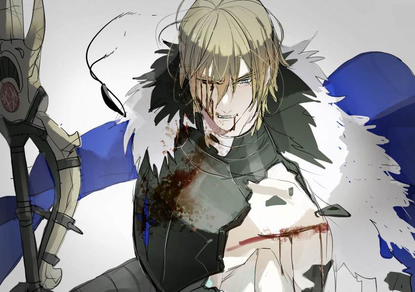 Safebooru - 1boy areadbhar (fire emblem) armor battle damage black armor black fur blonde hair ...