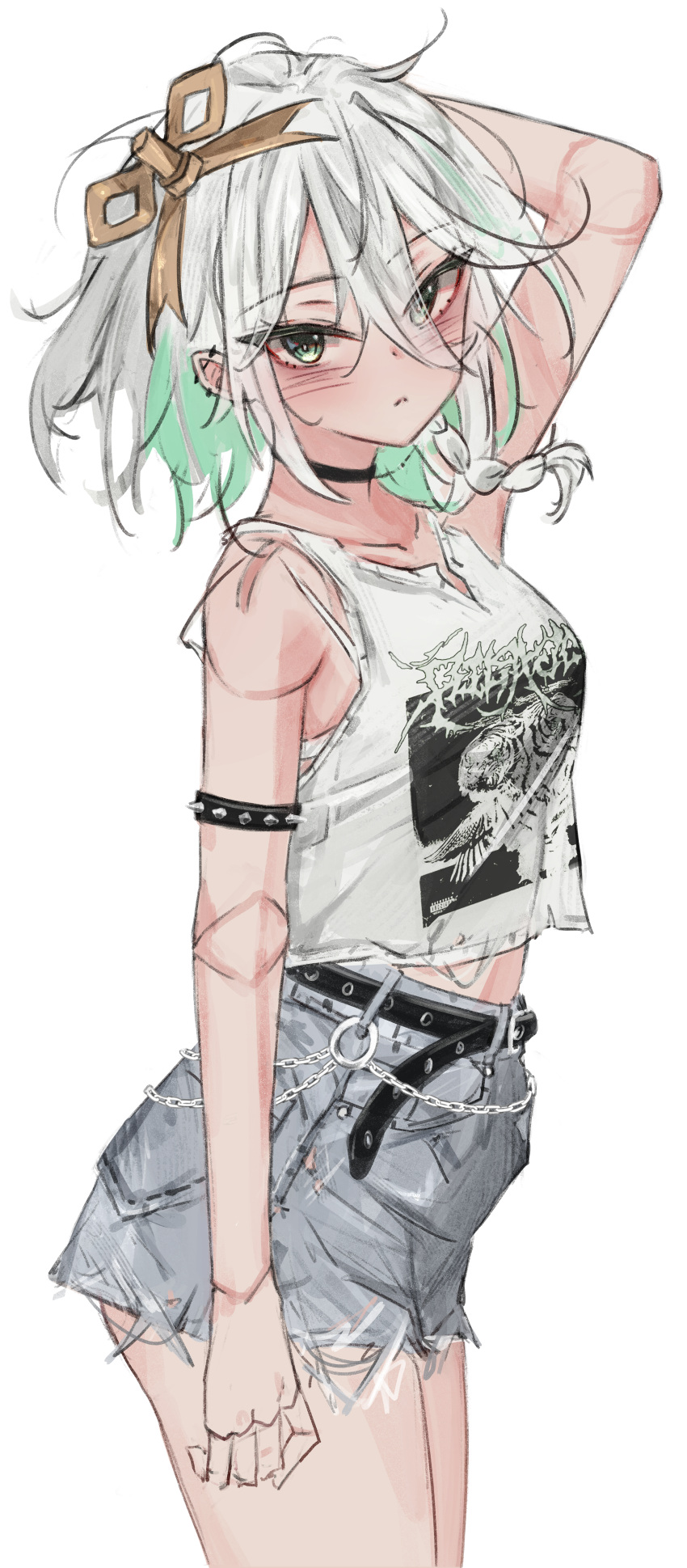 Safebooru - 1girl absurdres akarinnndesu arm on own head arm up armlet belt black belt black ...