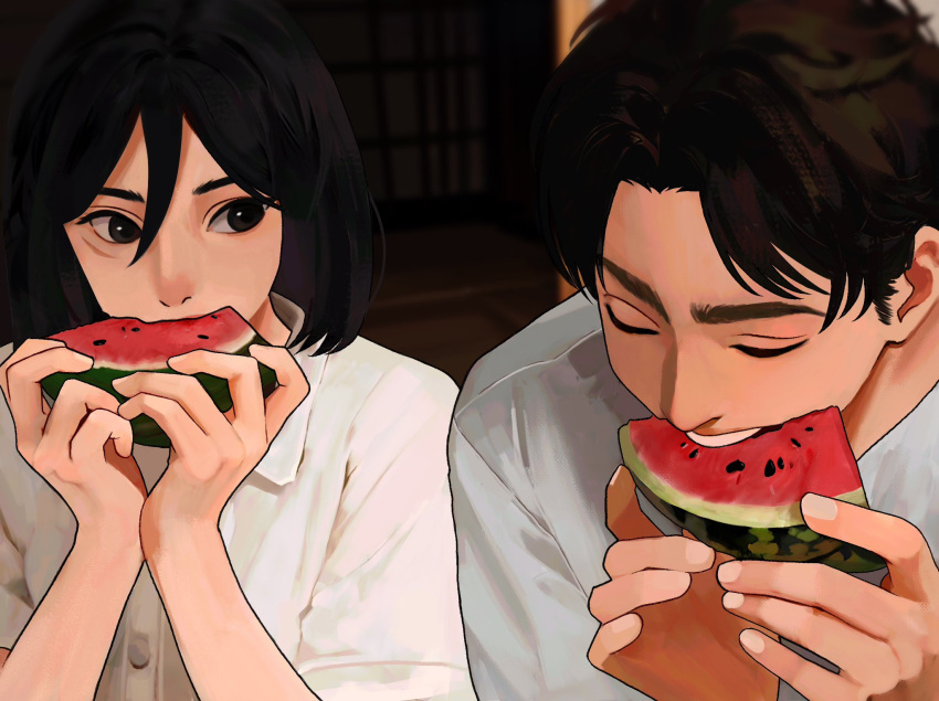 Safebooru - 1boy 1girl black eyes black hair brown hair closed eyes ...