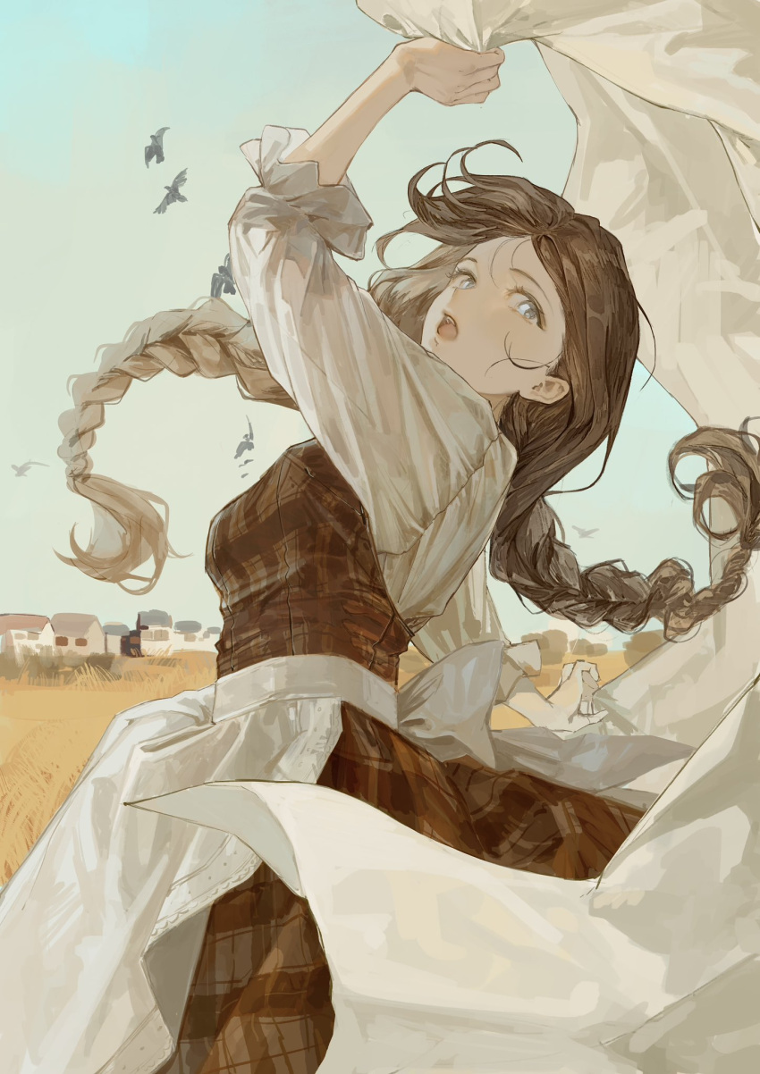 Safebooru - 1girl bird blue eyes blue sky braid brown hair cowboy shot from behind grass highres ...