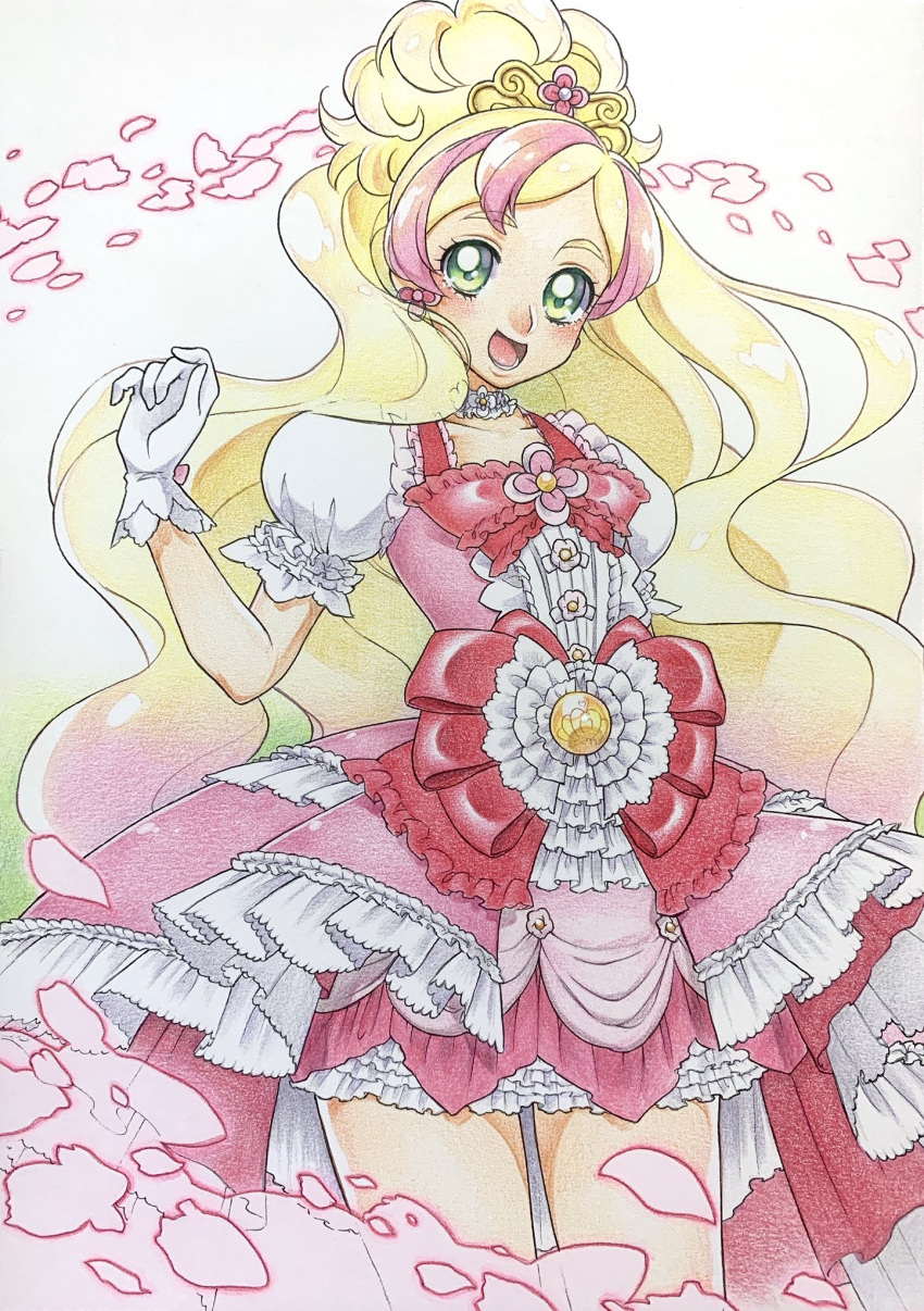 Safebooru - 1girl blonde hair cowboy shot cure flora dress frilled ...
