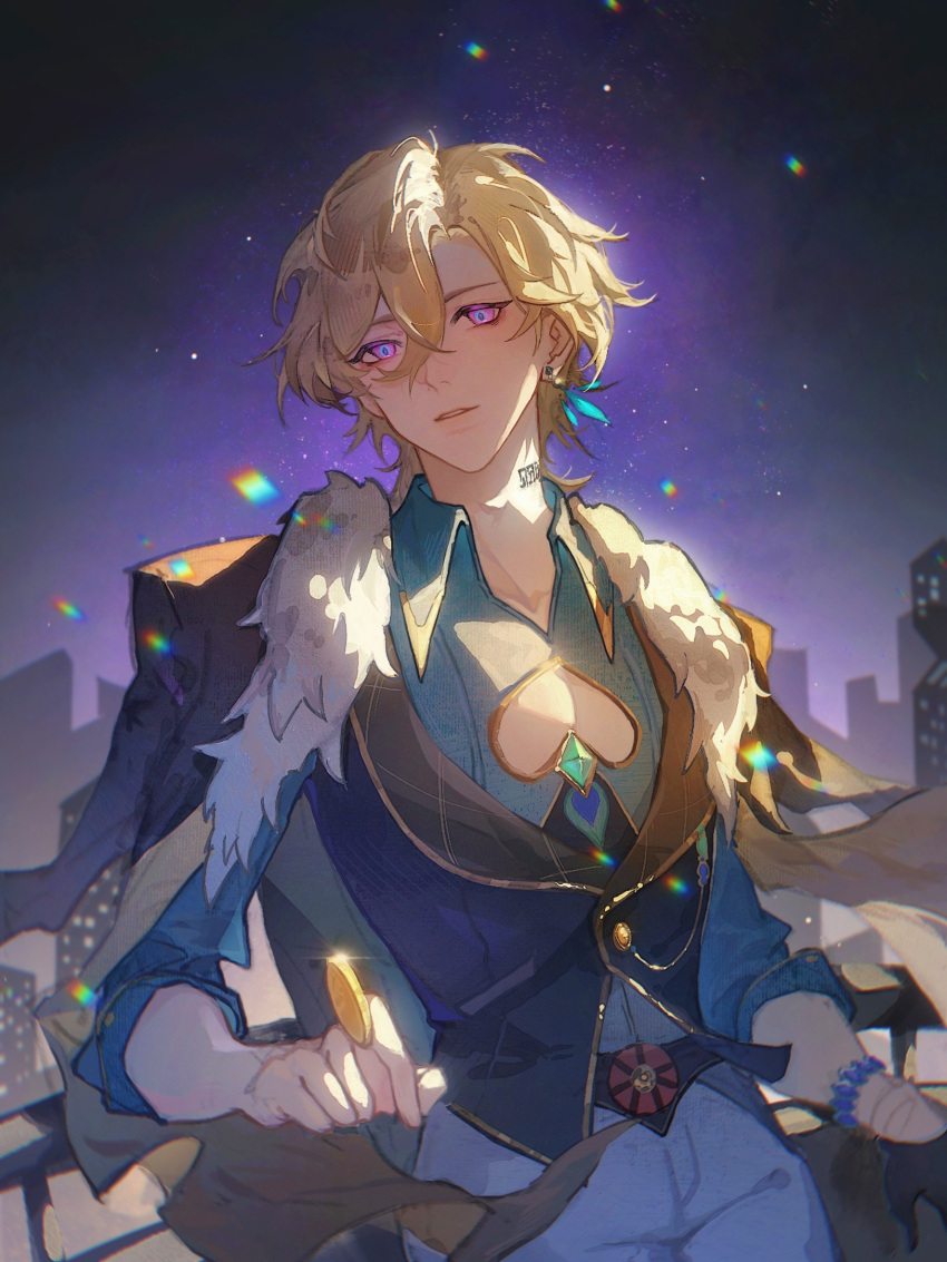 Safebooru - 1boy aventurine (honkai: star rail) belt bishounen black gloves black jacket black ...