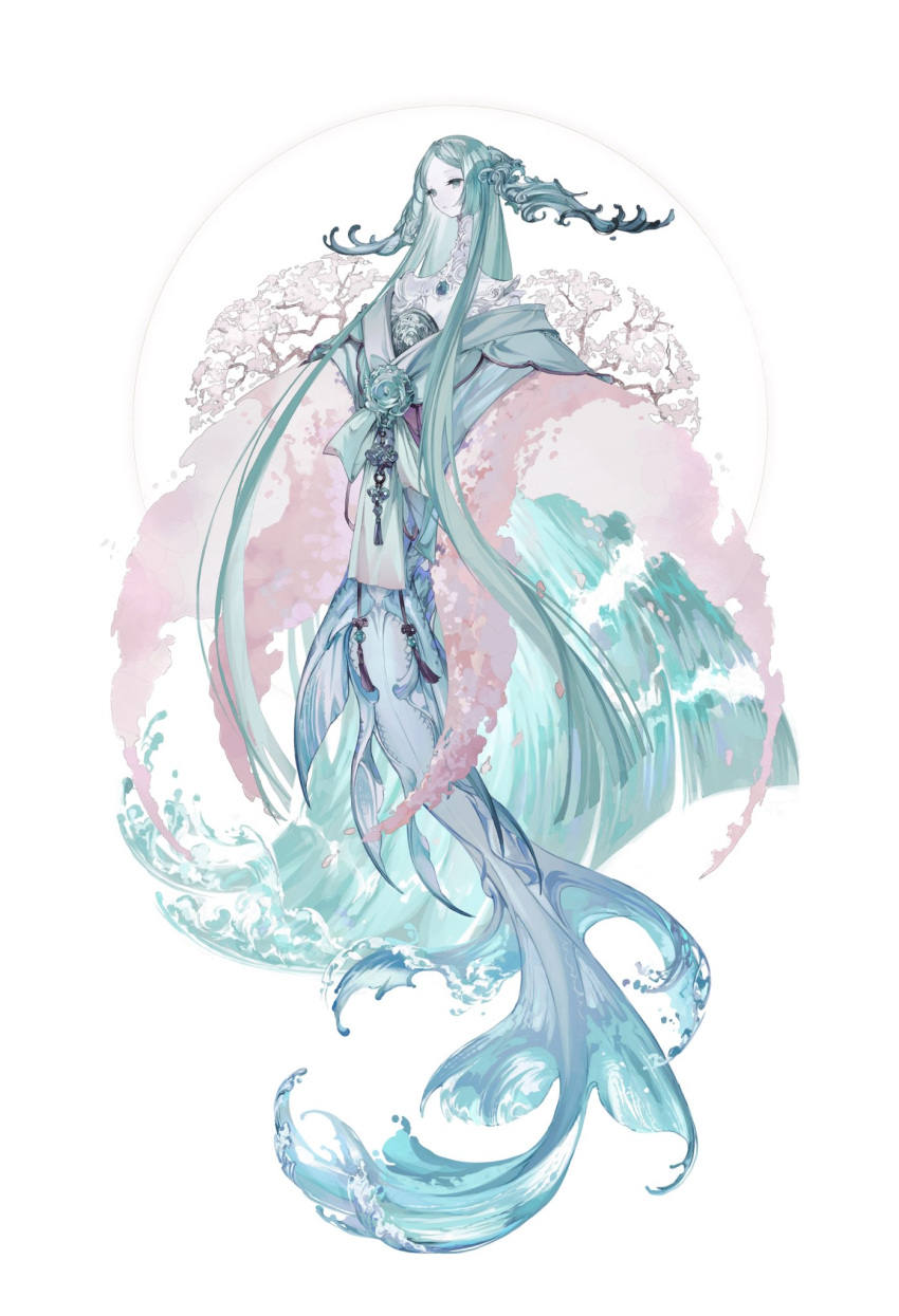Safebooru - 1girl aqua eyes aqua hair cherry blossoms colored skin ...