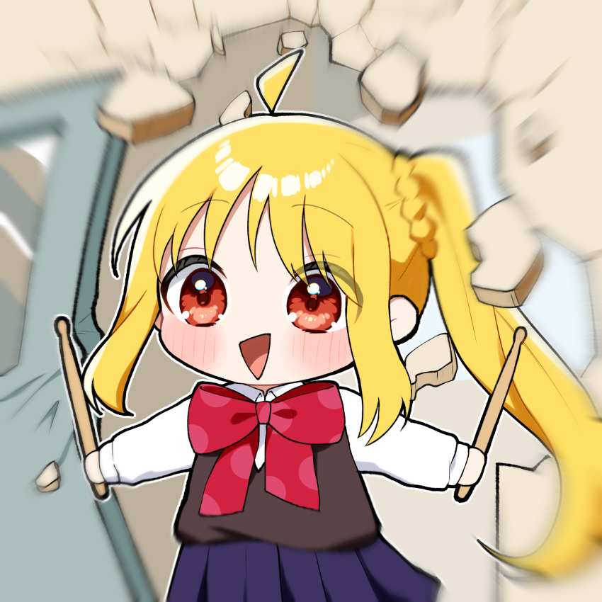 Safebooru - 1girl ahoge black sweater vest blonde hair blue skirt bocchi the rock! bow braid ...