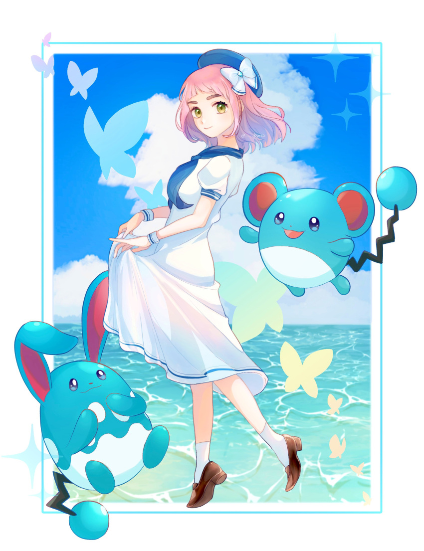 Safebooru - 1girl absurdres alternate costume azumarill blue hat border bow brown footwear ...