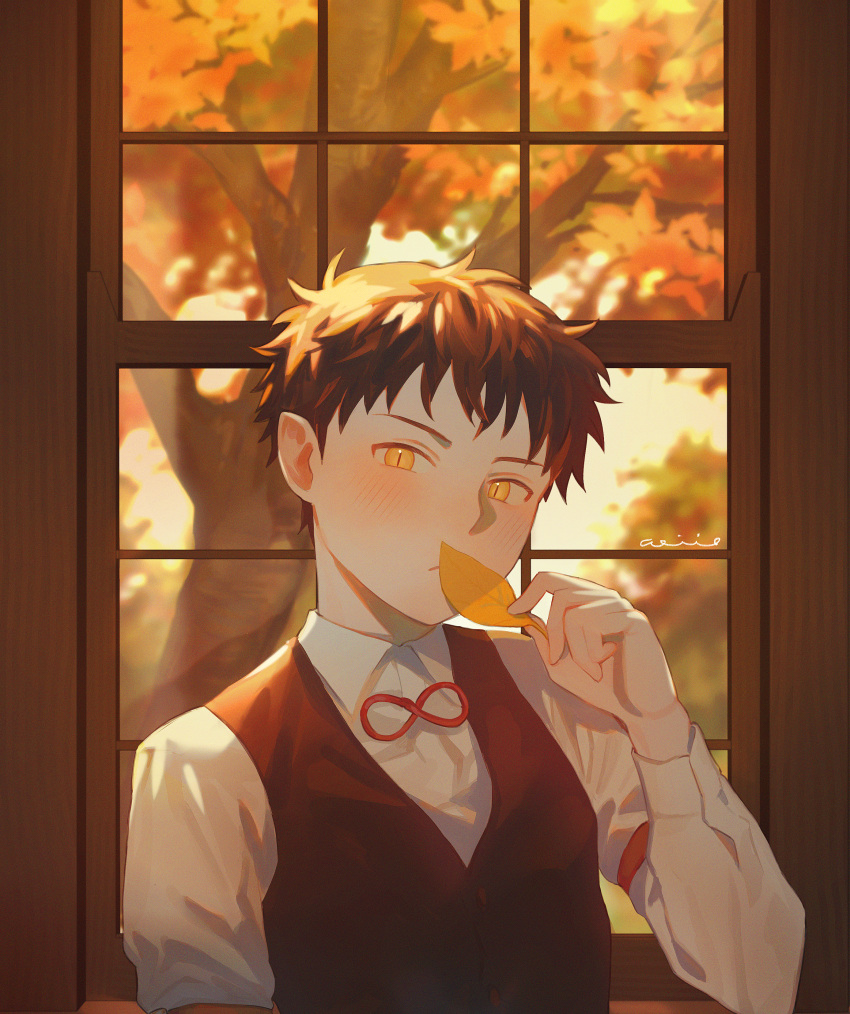 Safebooru - 1boy absurdres arm strap autumn autumn leaves black hair black vest blush collared ...